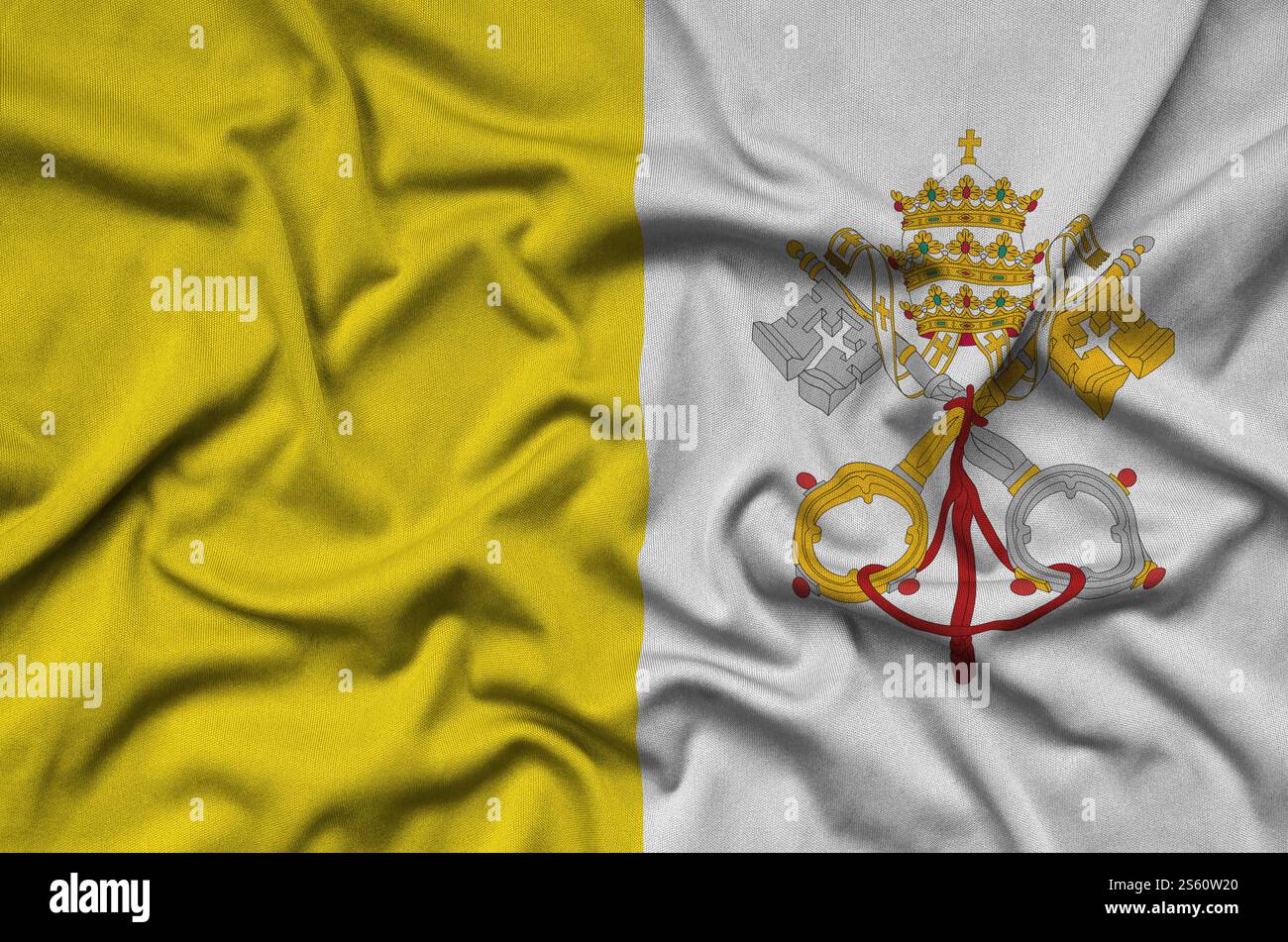 Vatican City State flag is depicted on a sports cloth fabric with many ...