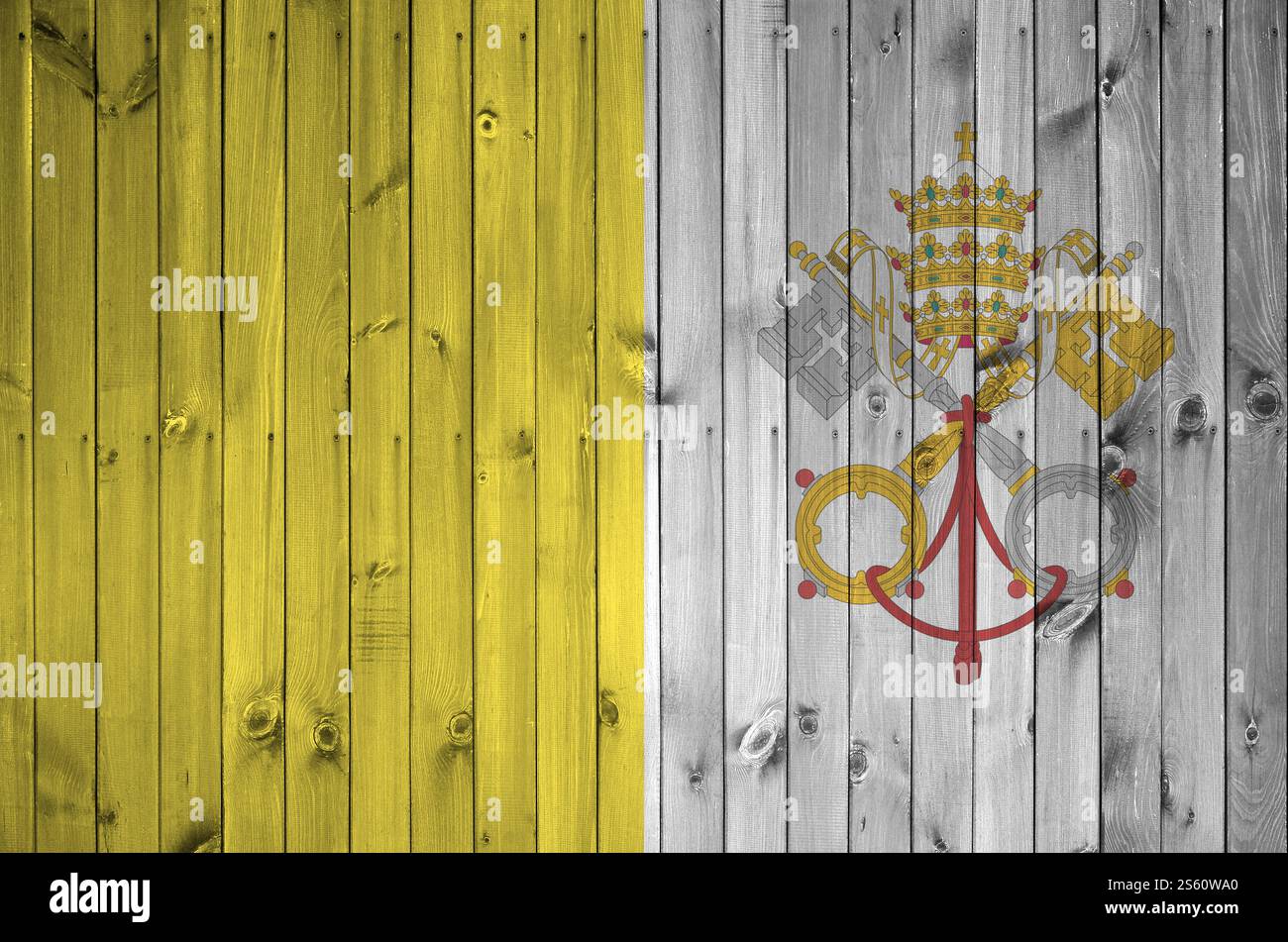 Vatican City State flag depicted in bright paint colors on old wooden ...