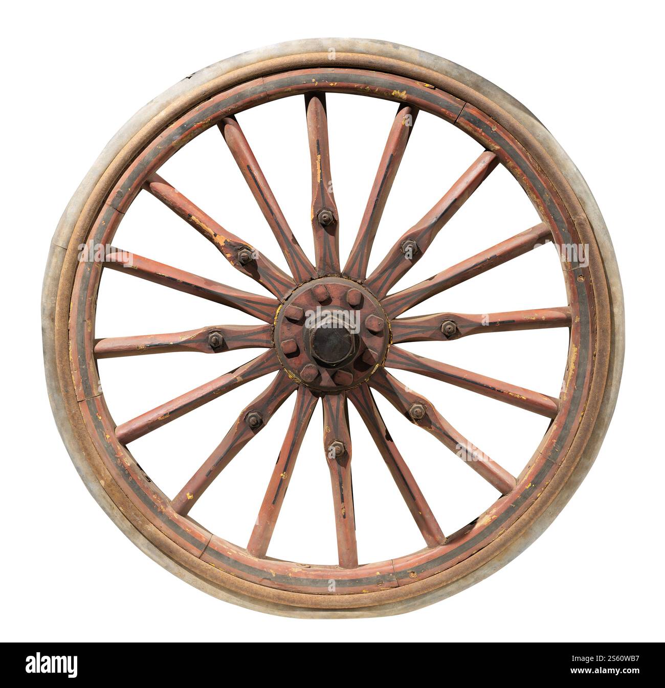 An antique wooden wagon wheel with metal rims displayed against a white ...