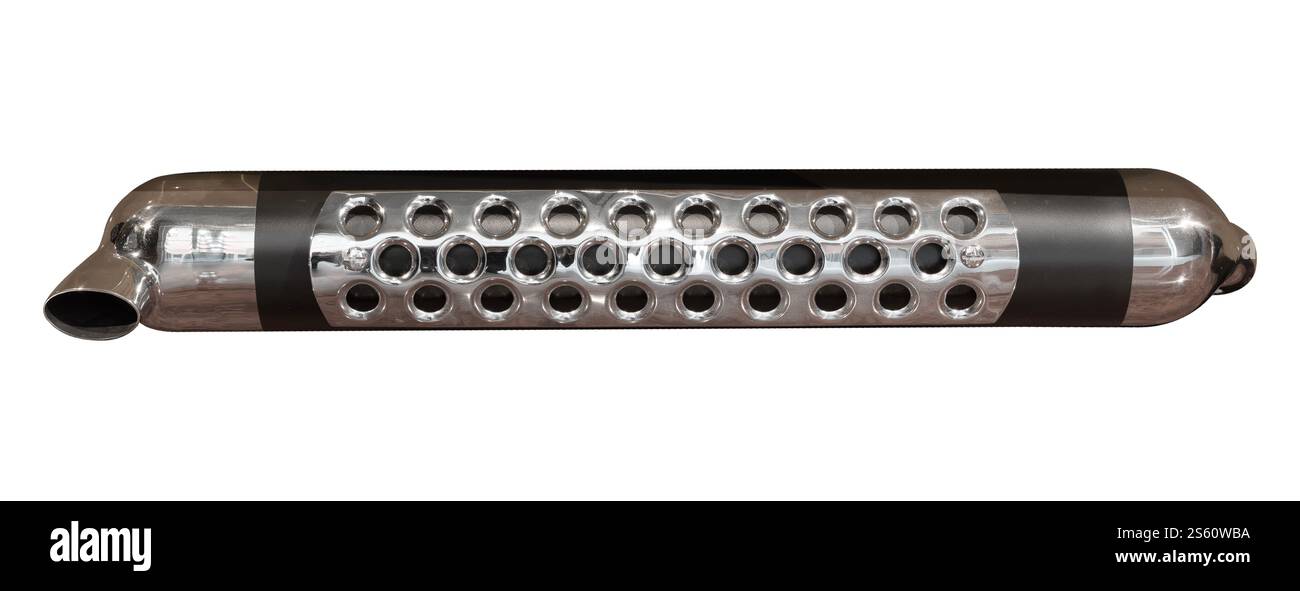 A chrome exhaust pipe with perforations isolated on a white background ...