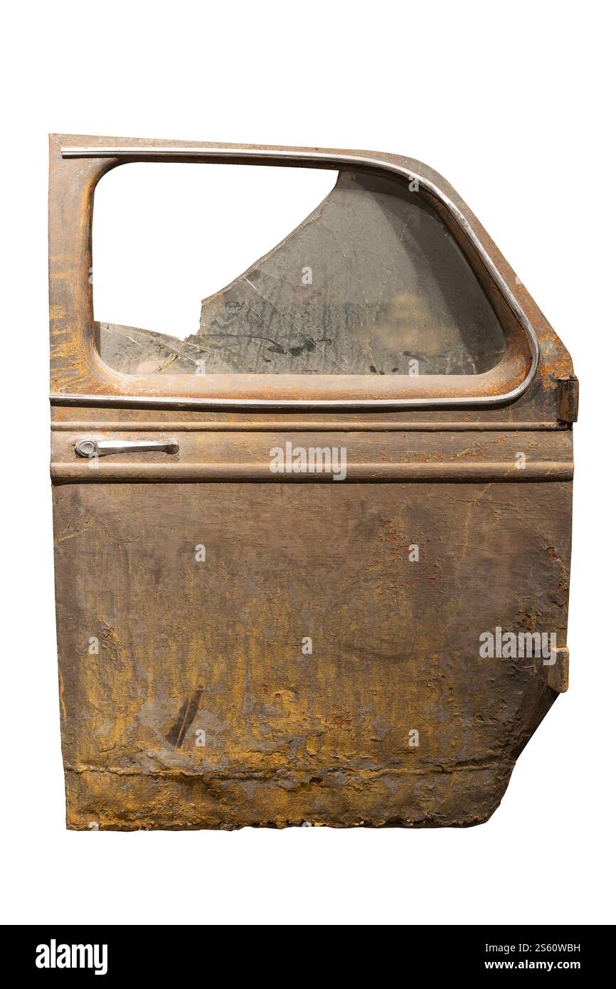 A rusty vintage car door with broken glass window isolated on white ...
