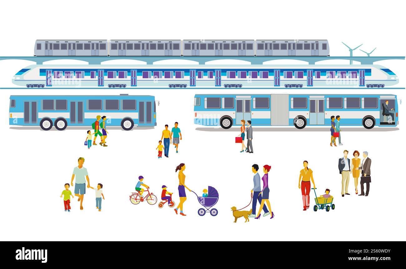 Stop with rapid transit, elevated train and passengers, illustration ...
