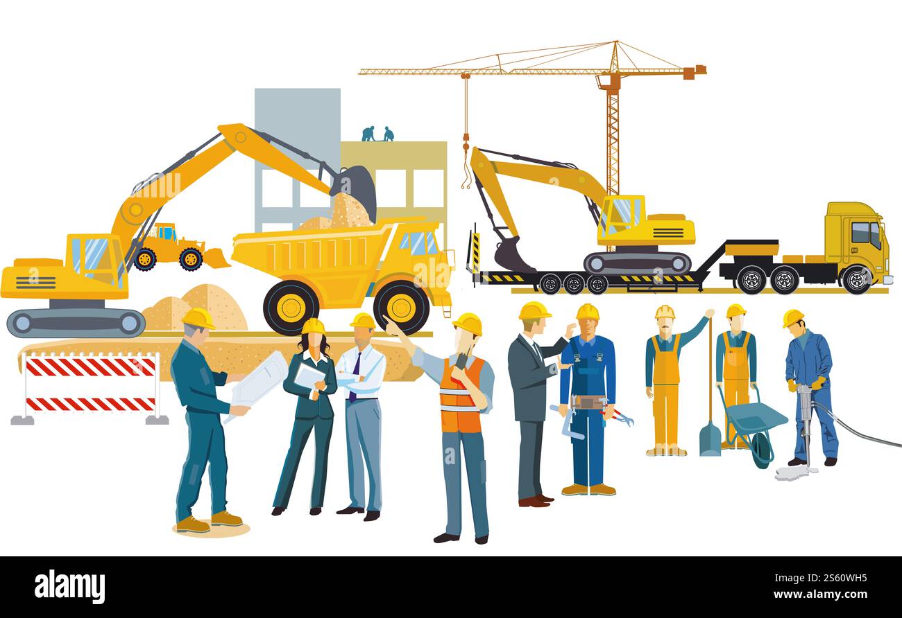 Construction site with architect and construction worker, illustration ...