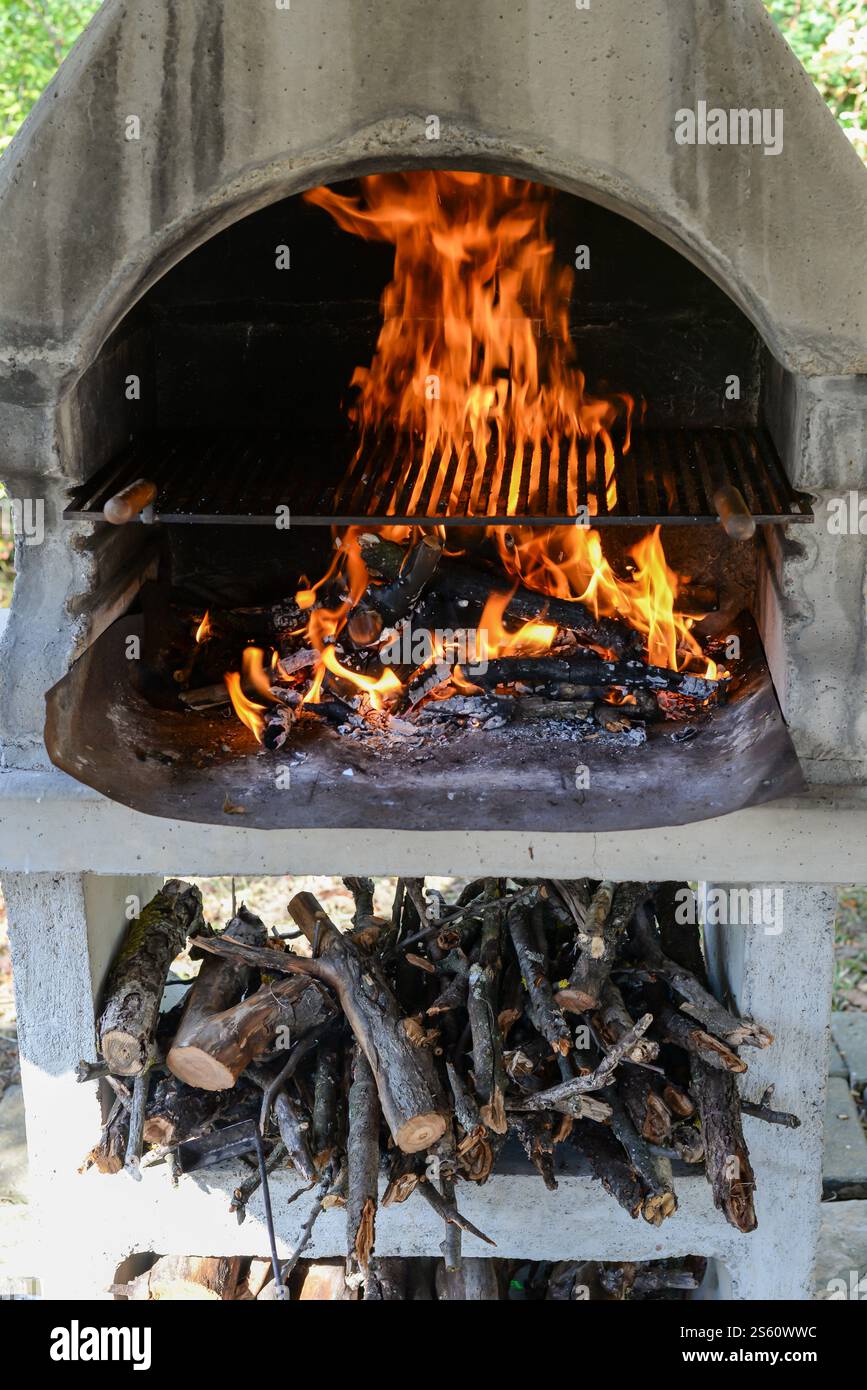 Barbecue grill with fire flames - Empty fire grid Stock Photo - Alamy