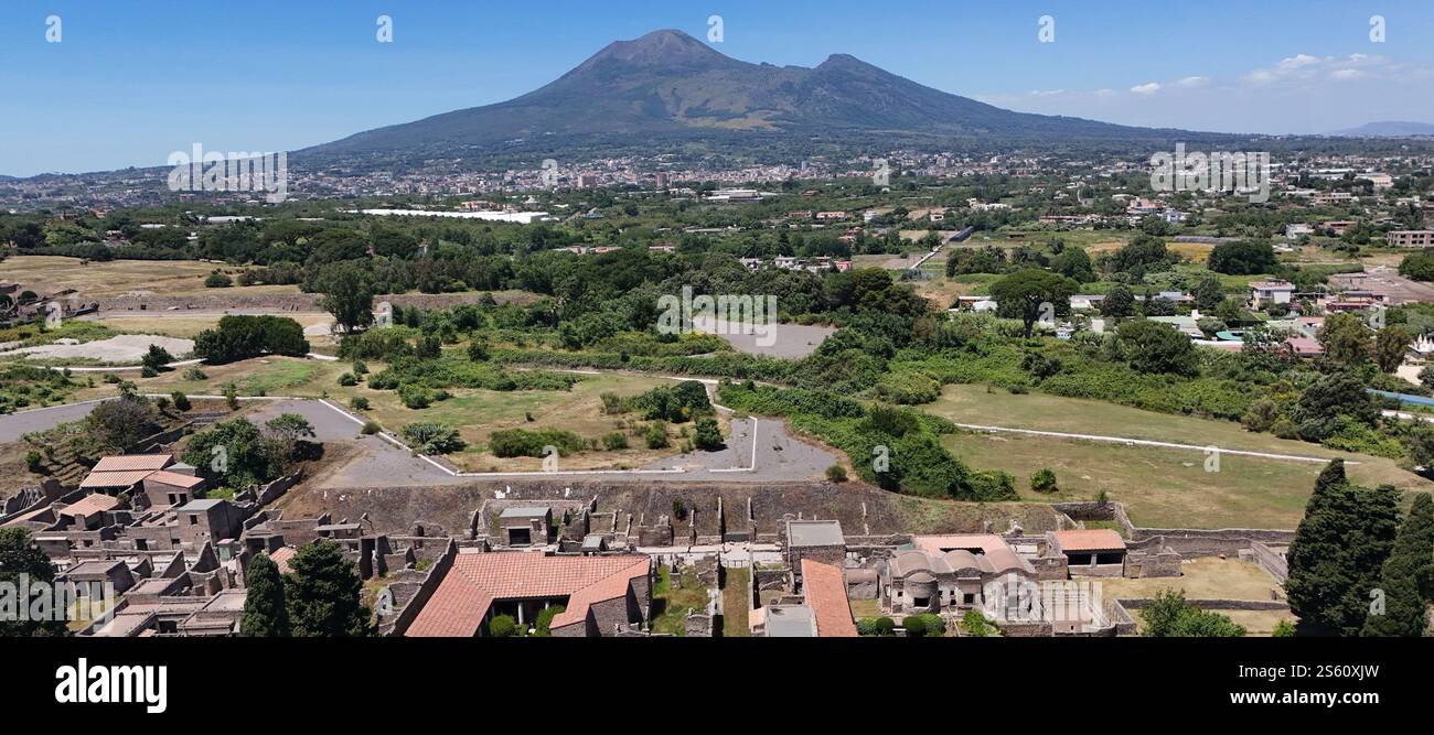 aerial view of Mount Vesuvius from the Ancient Roman city of Pompeii ...