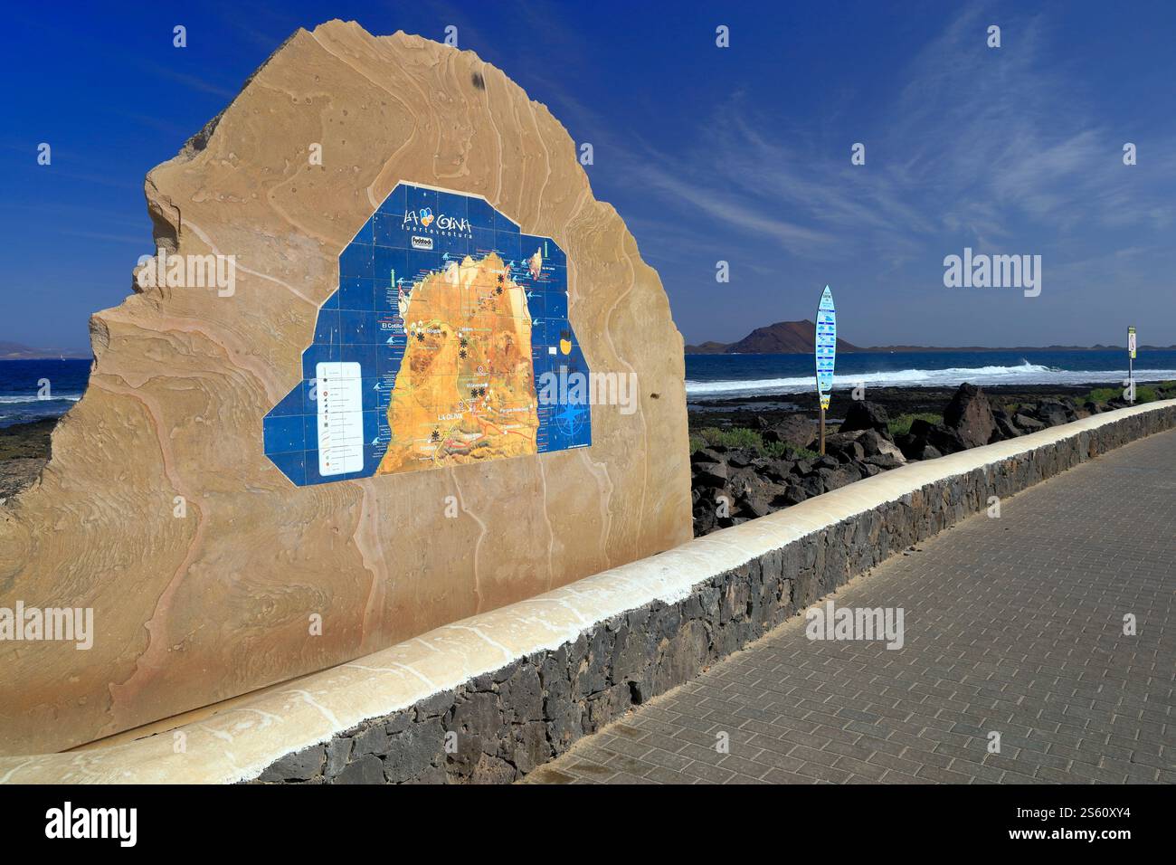 Slab of rock with map of the north of Fuerteventura, promenade ...