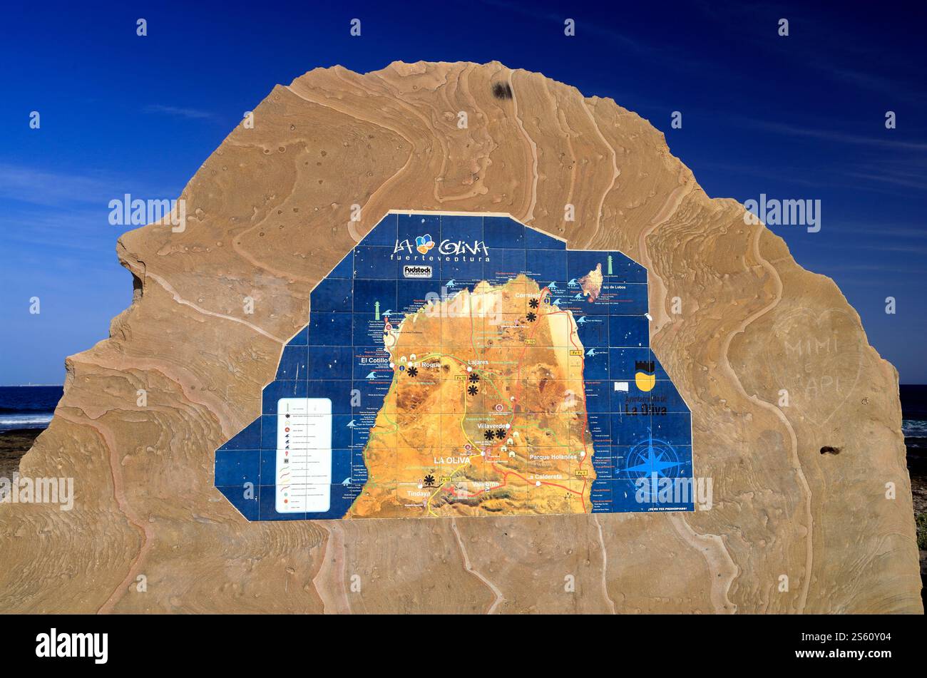 Slab of rock with map of the north of Fuerteventura, promenade ...