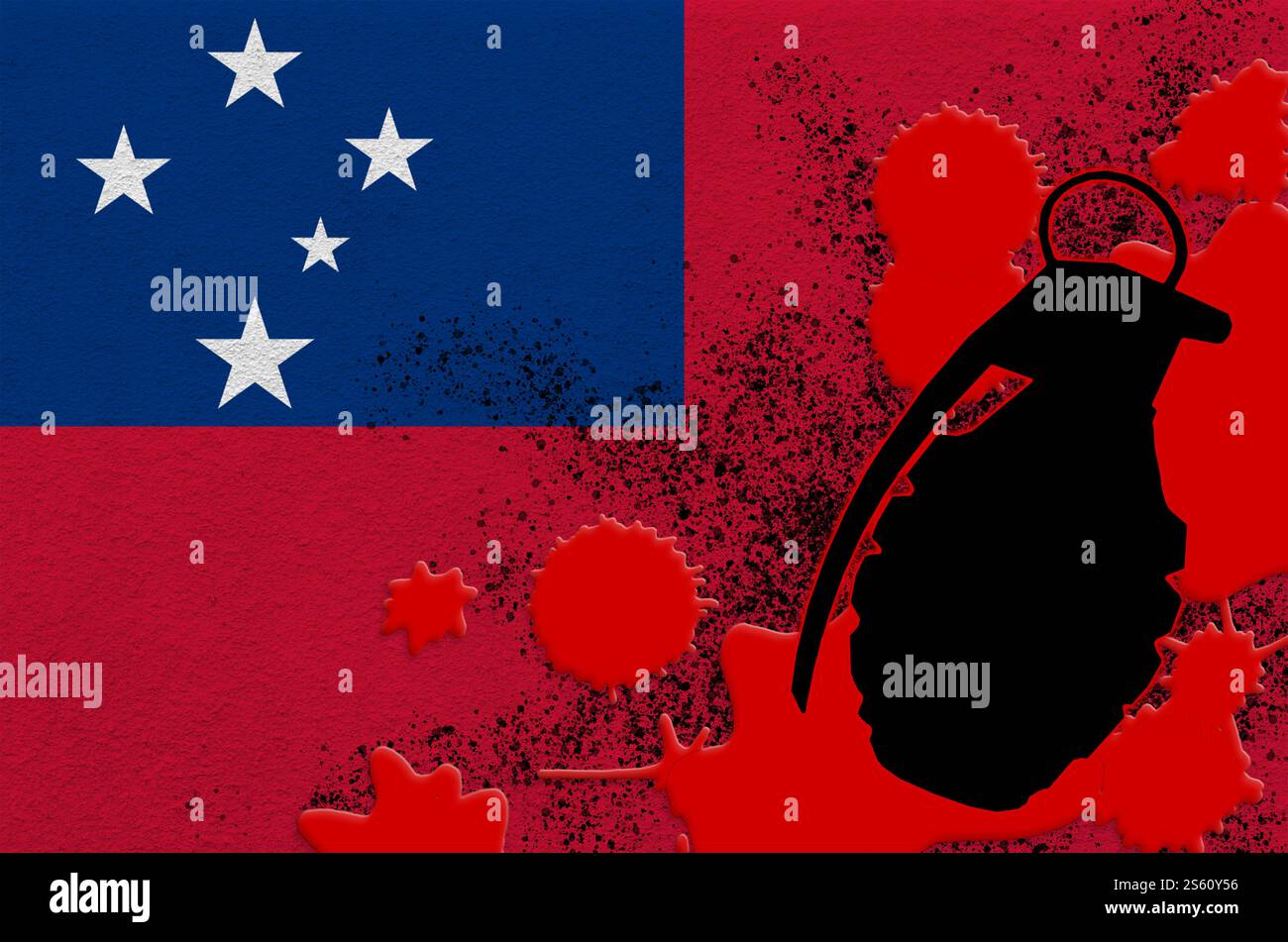 Samoa flag and MK2 frag grenade in red blood. Concept for terror attack ...