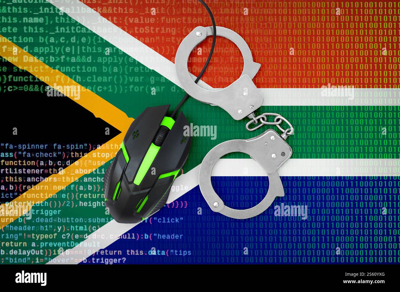 South Africa flag and handcuffed modern backlit computer mouse ...
