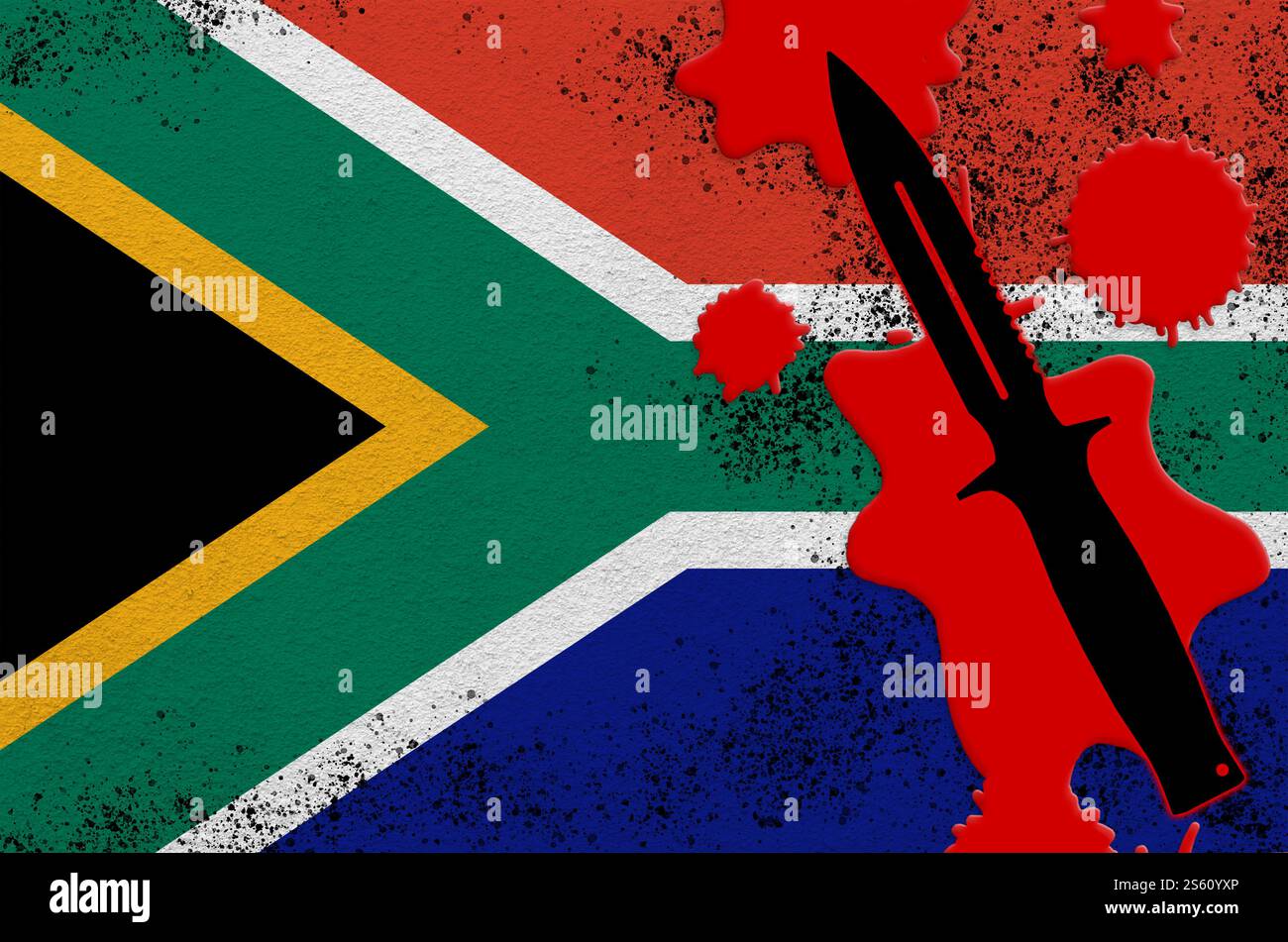 South Africa flag and black tactical knife in red blood. Concept for ...