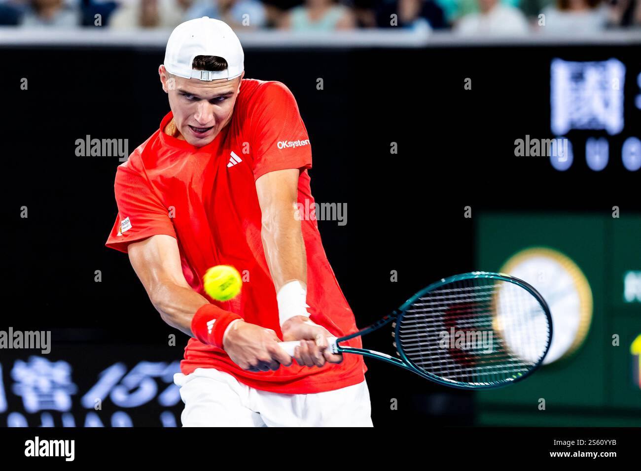 MELBOURNE, VIC - JANUARY 15: Jakub Mensik of Czechia in action during ...