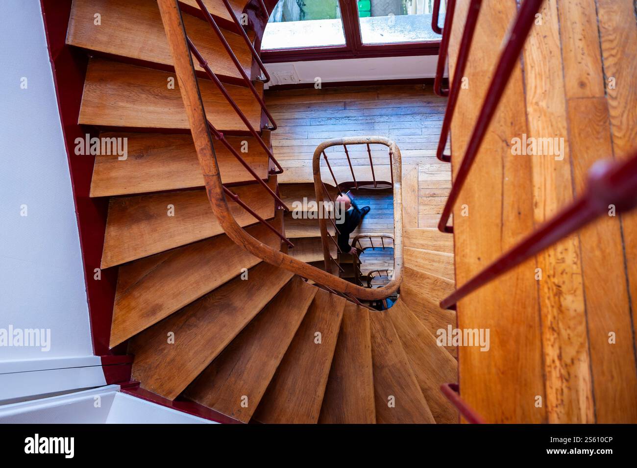 Paris, France, High Angle, Looking Down, Old Wooden Winding Stairway in ...