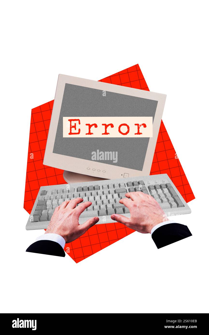 Vertical photo collage of hands type broke pc monitor error notification trojan virus hacking it ...