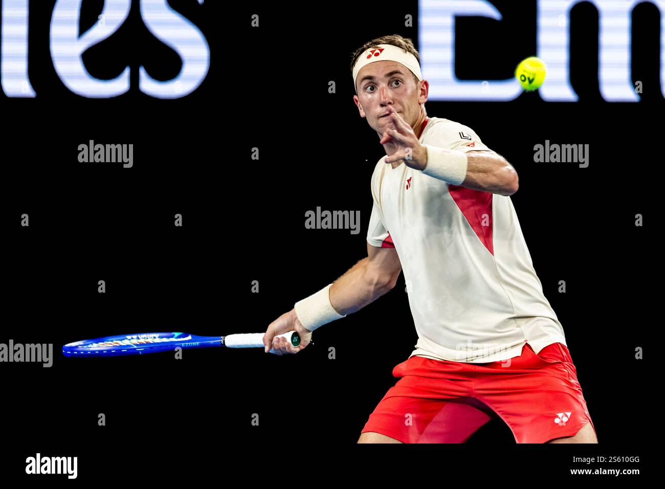 MELBOURNE, VIC - JANUARY 15: Casper Ruud of Norway in action during ...
