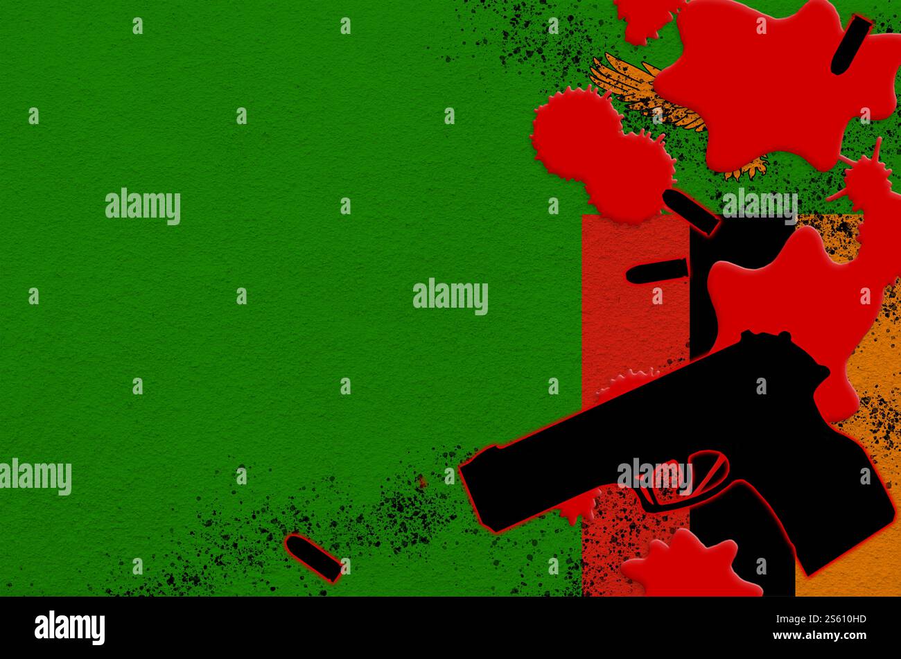 Zambia flag and black firearm in red blood. Concept for terror attack ...