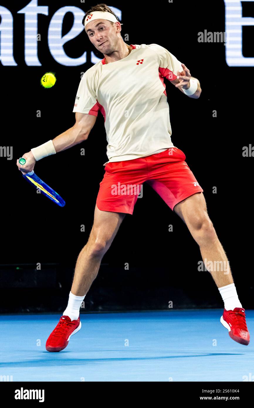 MELBOURNE, VIC - JANUARY 15: Casper Ruud of Norway in action during ...