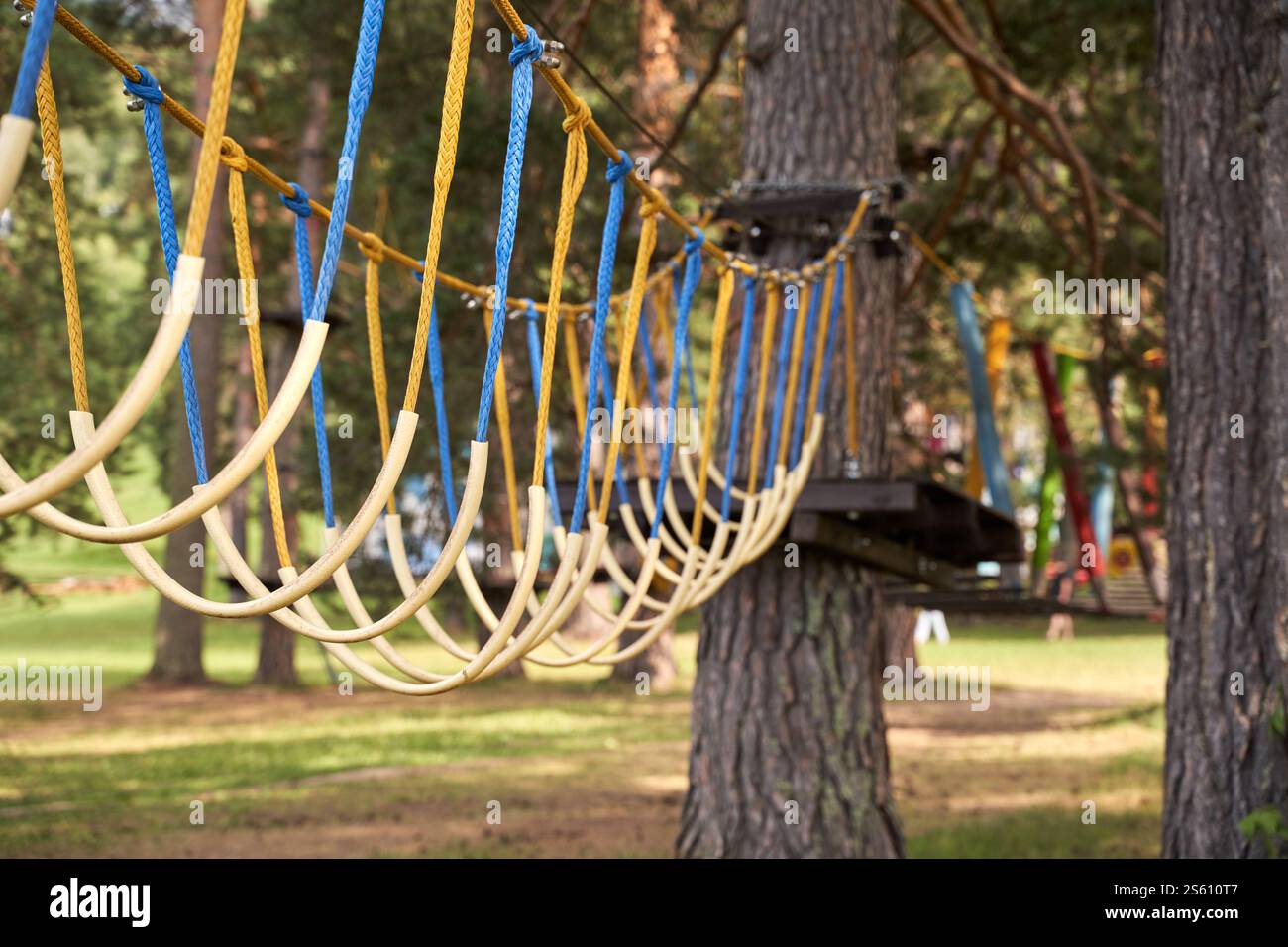 Adventure park rope bridge among trees in forested area for outdoor ...