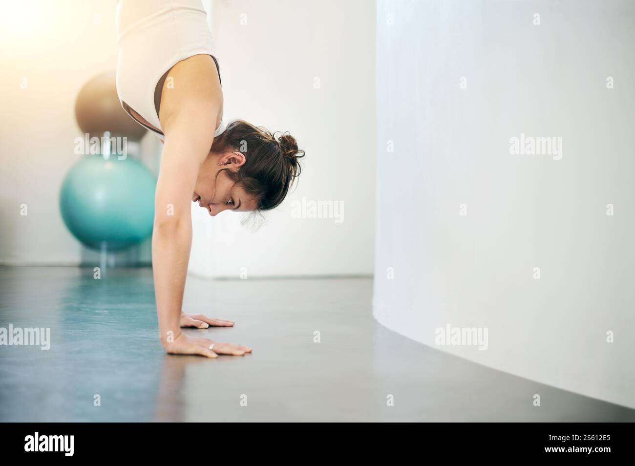 Woman, yoga and handstand balance on floor, mockup and fitness of ...
