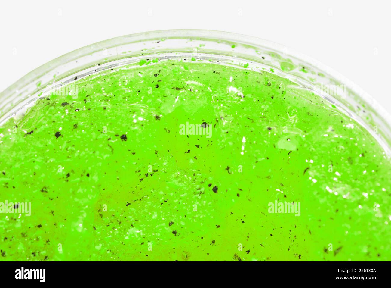 Vibrant green slime texture with black specks in close up for creative ...