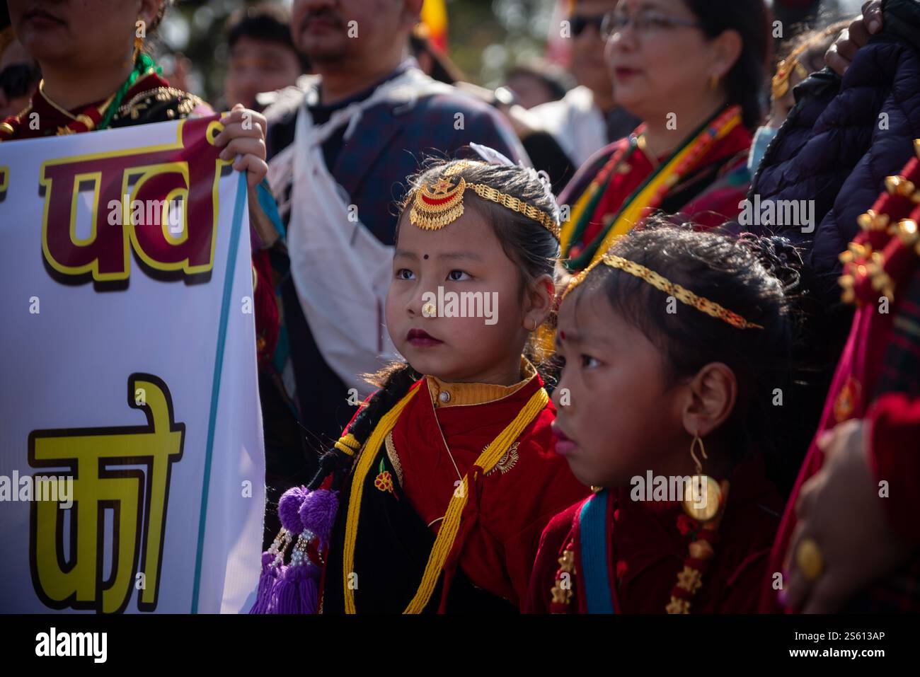 Kathmandu, Nepal. 14th Jan, 2025. Children from Magar community dressed ...