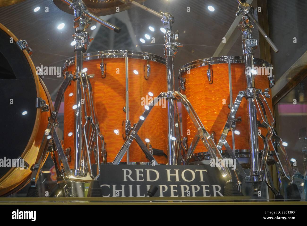 Red Hot Chilli Peppers drum set displayed at the Hard Rock Cafe in Kuala Lumpur international ...