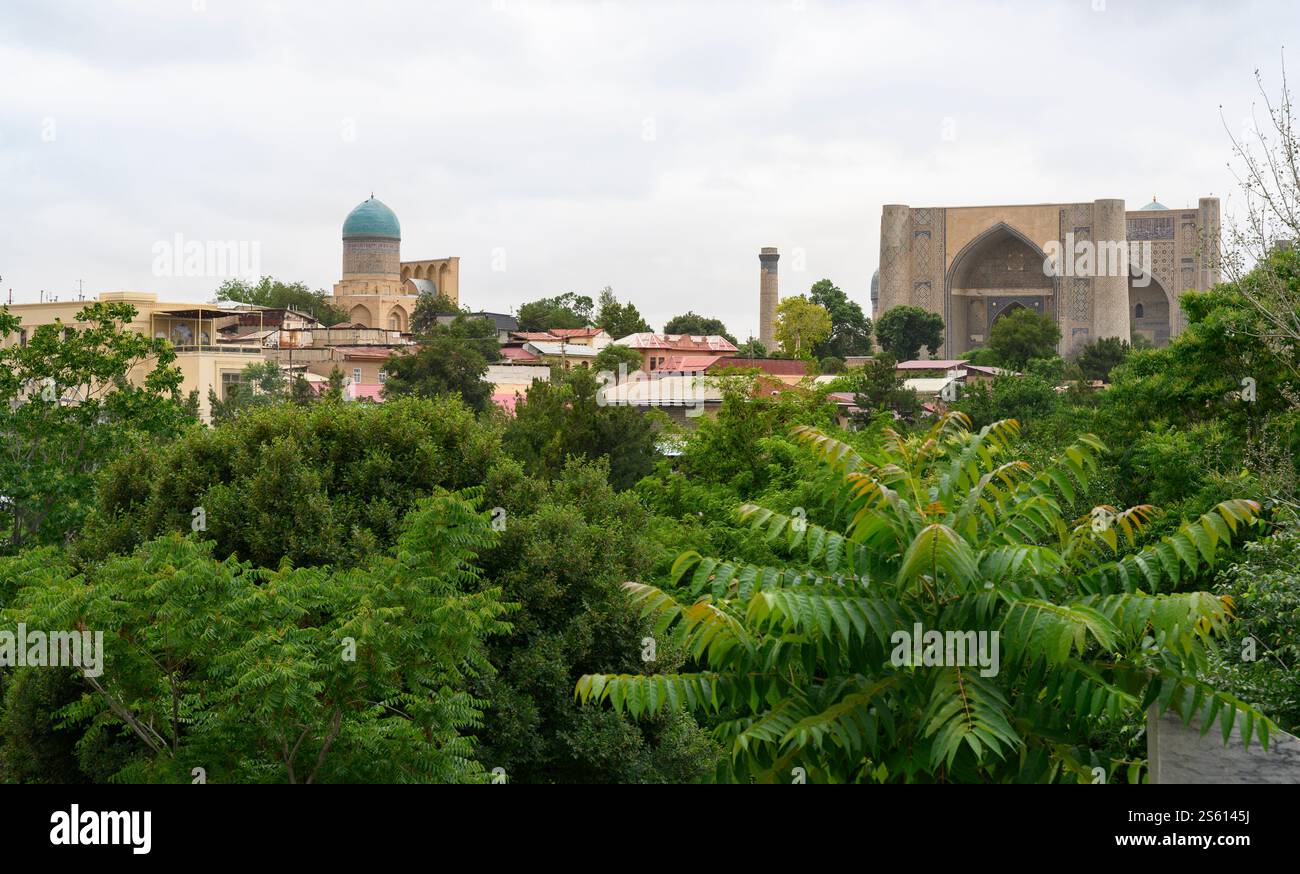 Panorama of the city of Samarkand, Uzbekistan, with park trees, old ...