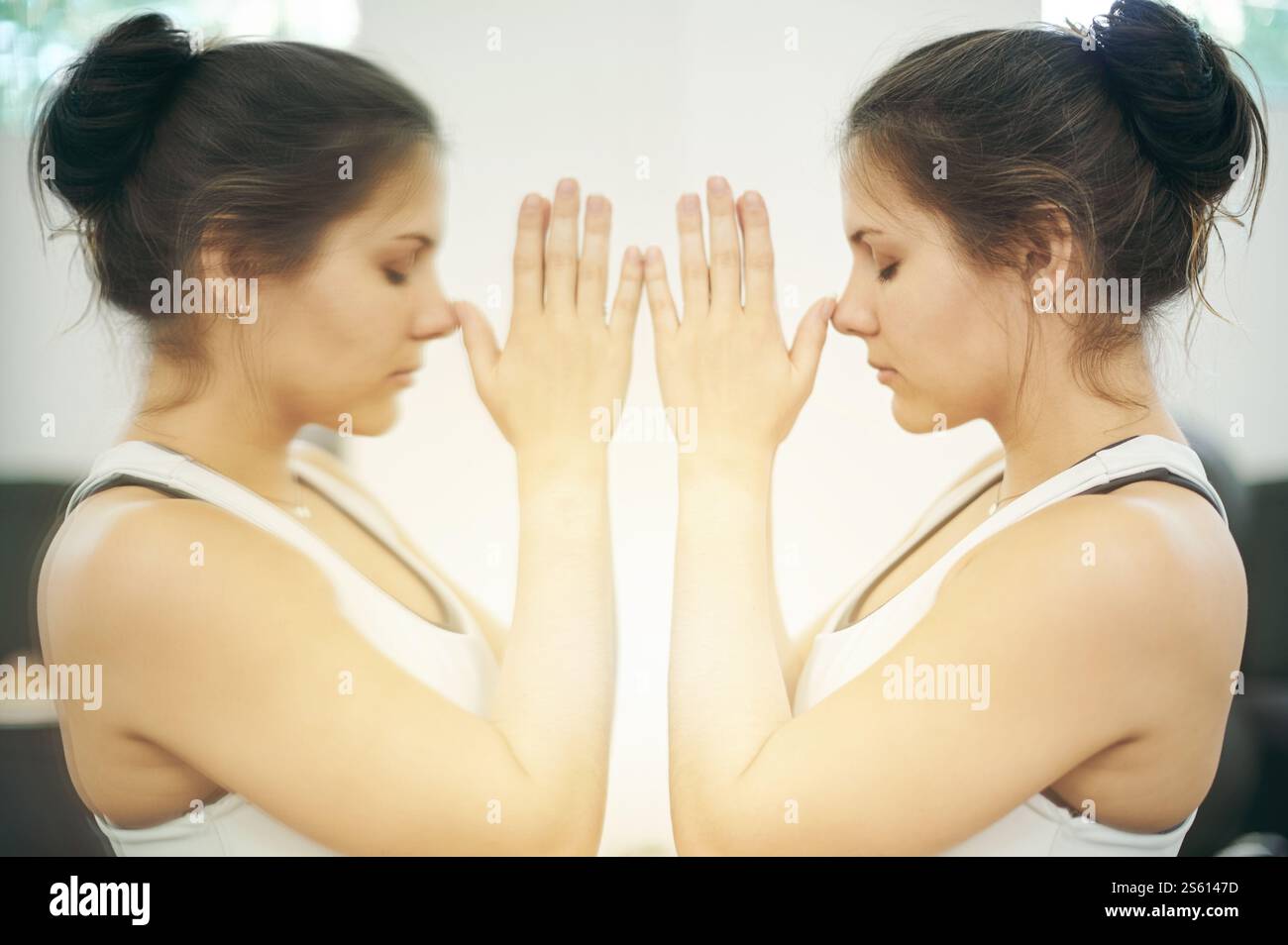 Mirror, meditation and woman with yoga, balance and pilates training ...