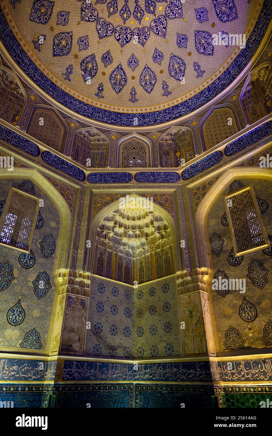 An inside view of the dome with golden-and-blue patterns, ancient ...