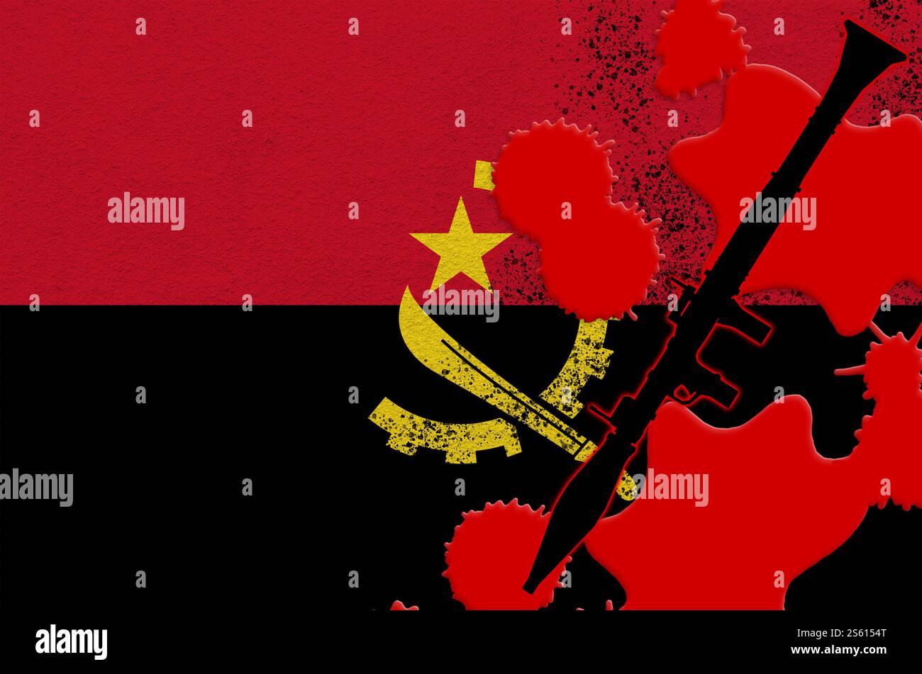 Angola flag and black RPG-7 rocket-propelled grenade launcher in red ...