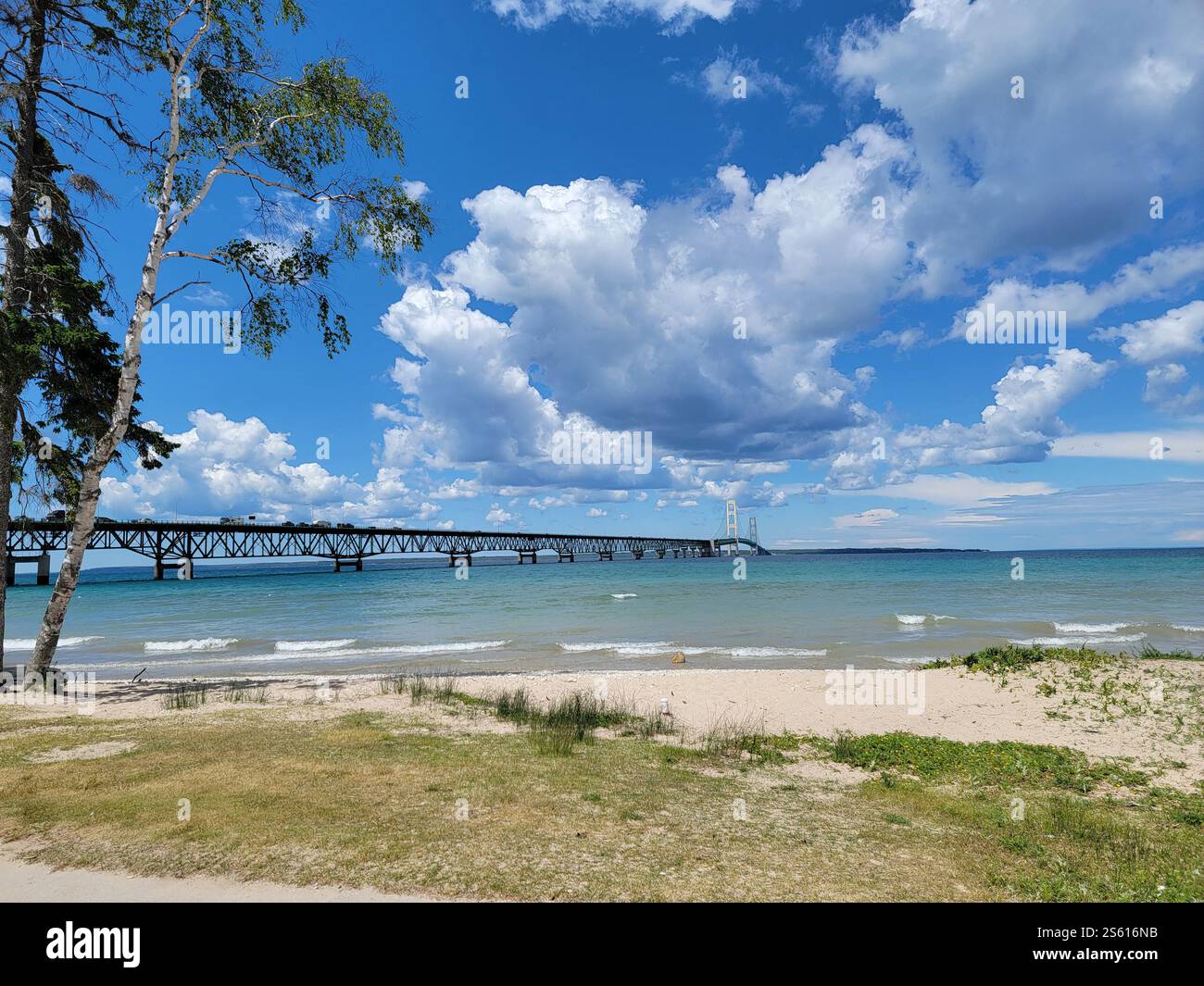 Mackinac Bridge from Mackinaw City. The suspension bridge connects the ...