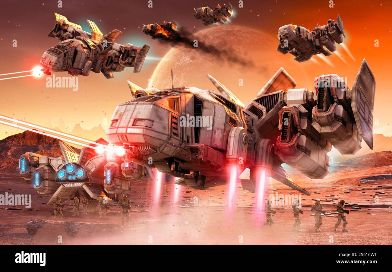 Colonial marines land in combat in drop ships on the surface of an ...