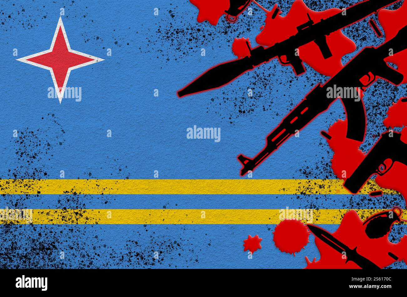 Aruba flag and various weapons in red blood. Concept for terror attack ...