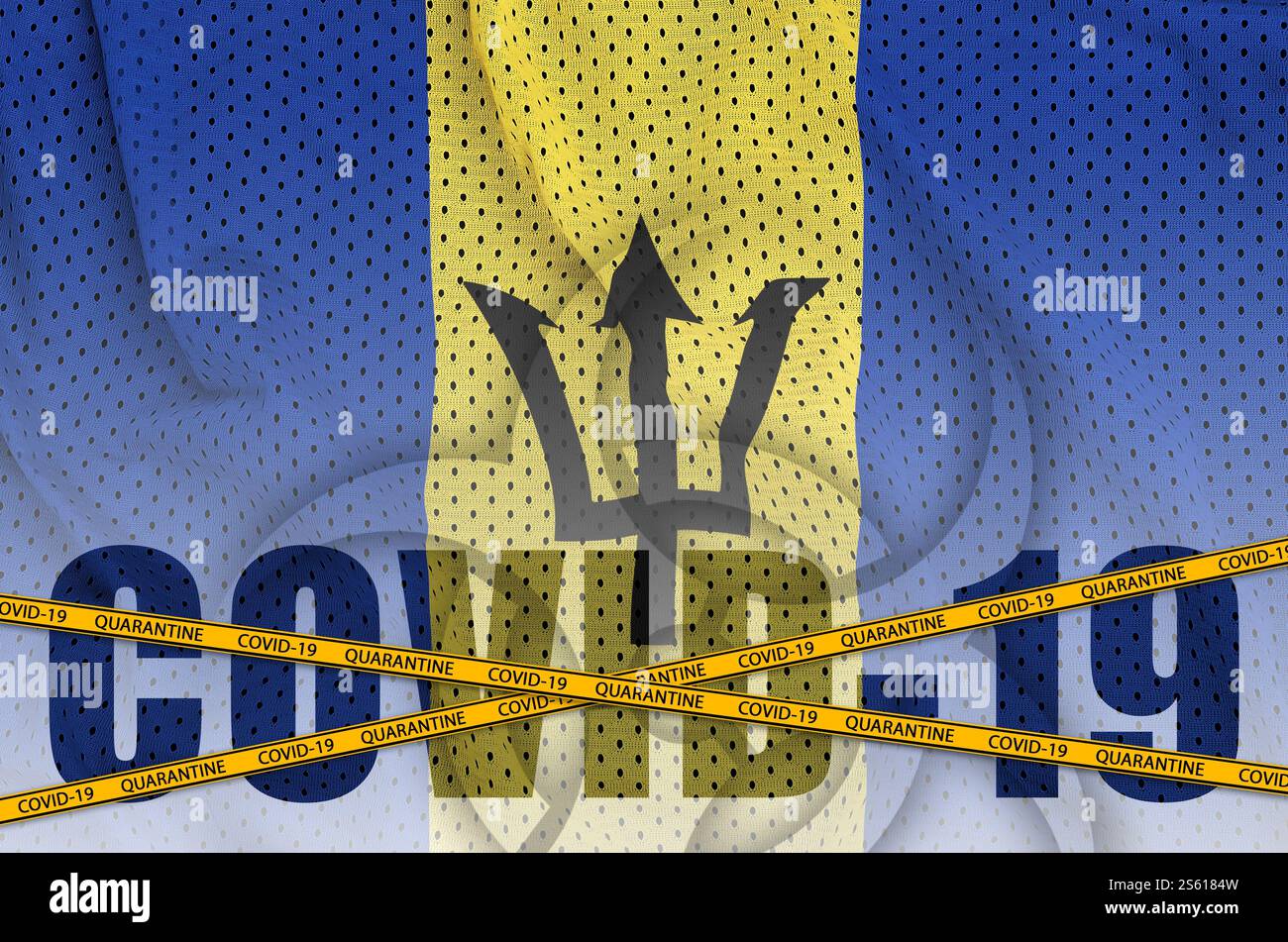 Barbados flag and Covid-19 inscription with orange quarantine border ...