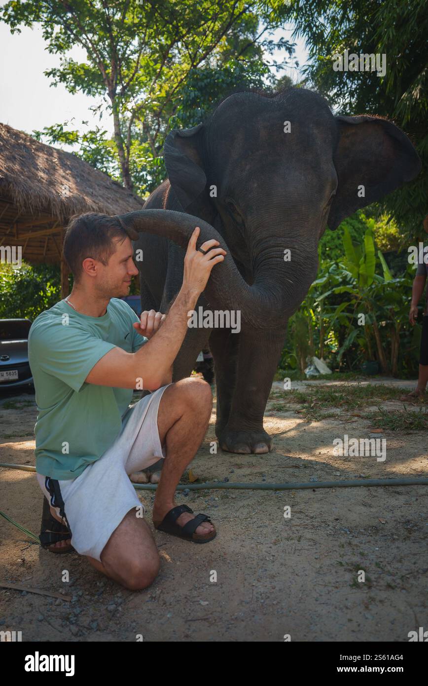 Man Kneeling with Young Elephant in Tropical Outdoor Setting in ...