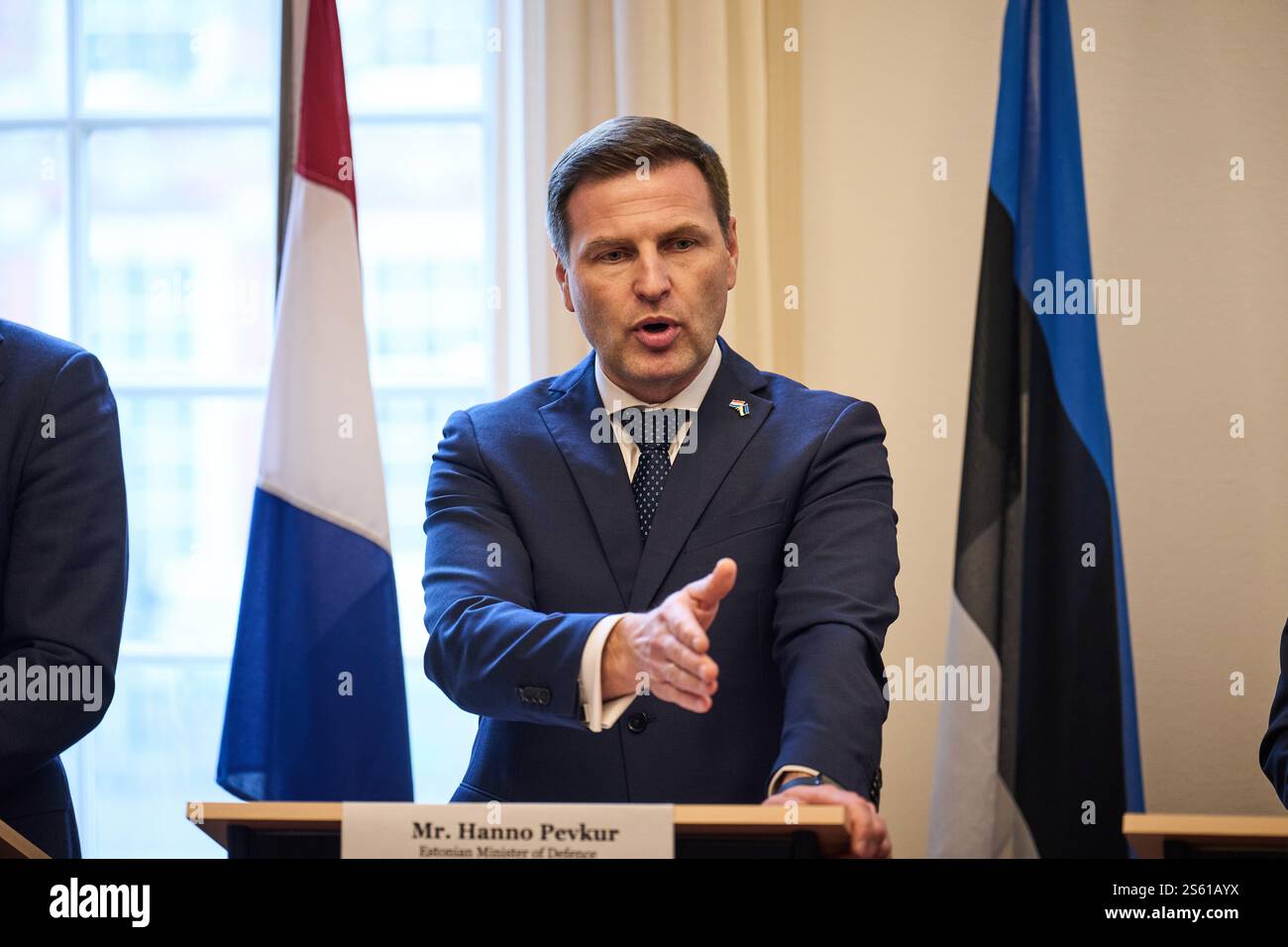 DEN HAAG - Hanno Pevkur Minister of Defense (Estonia) during a press ...