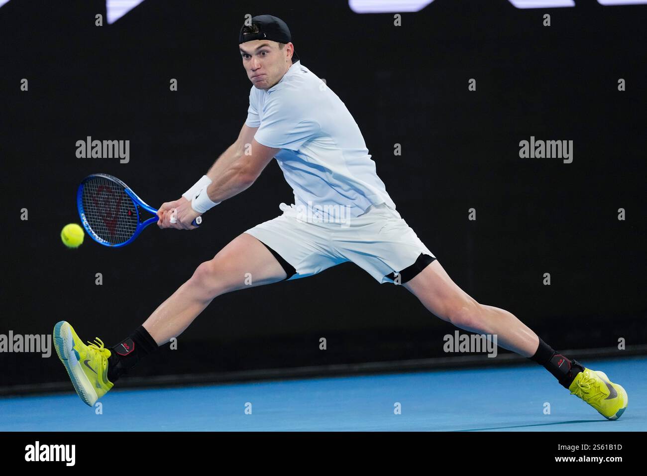 Jack Draper of Britain plays a backhand return to Thanasi Kokkinakis of ...