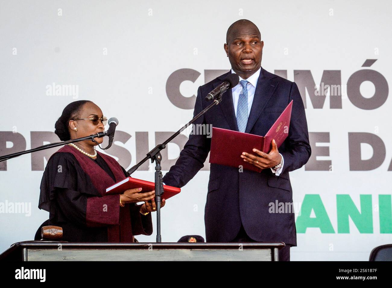 Mozambique's President-elect, Daniel Chapo, takes the oath of office during his inauguration ...