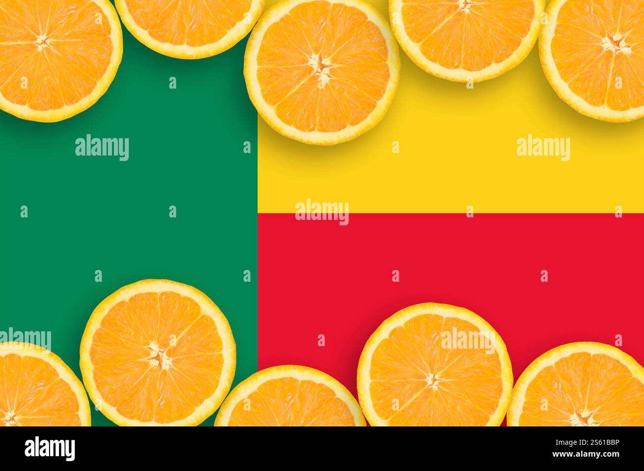Benin flag in horizontal frame of orange citrus fruit slices. Concept ...