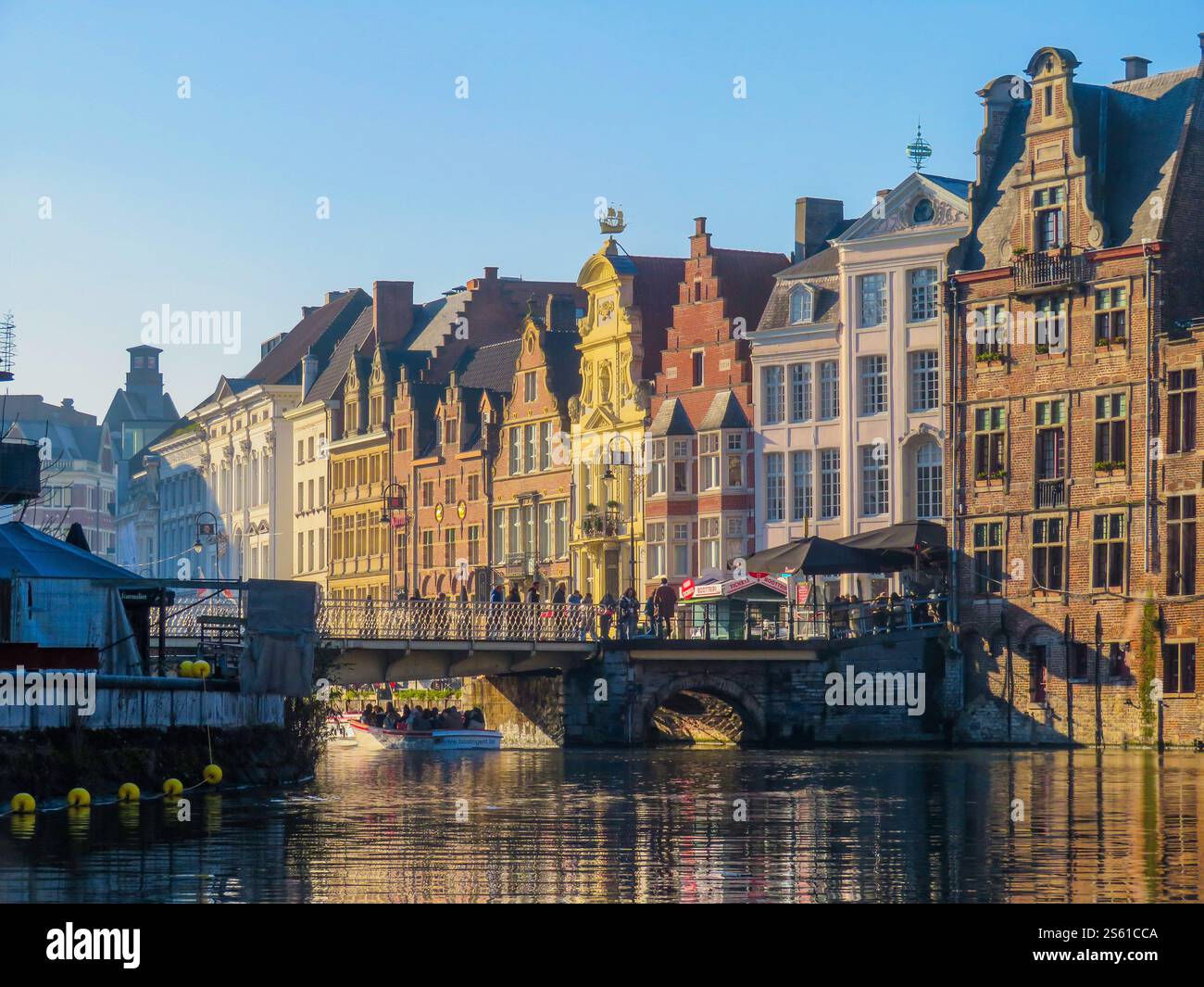 Belgium, Ghent, medieval mansions and warehouses in the center along ...