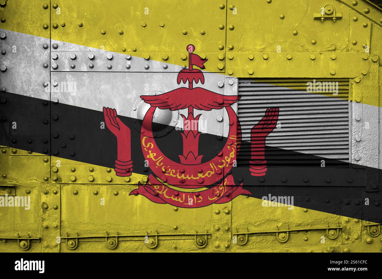 Brunei Darussalam flag depicted on side part of military armored tank ...