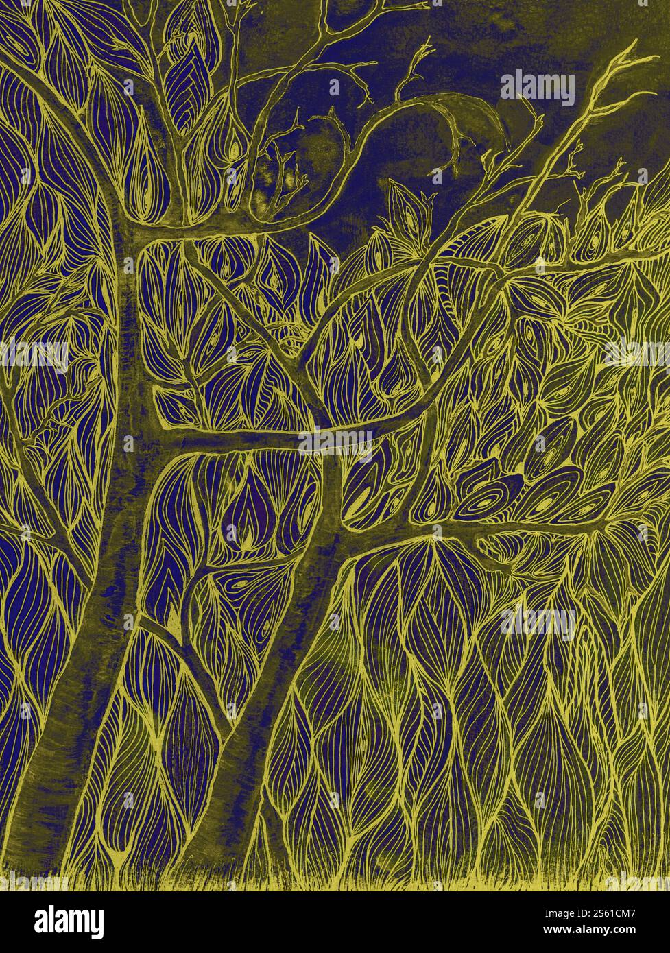 Golden abstract tree with blue sky. The dabbing technique near the ...