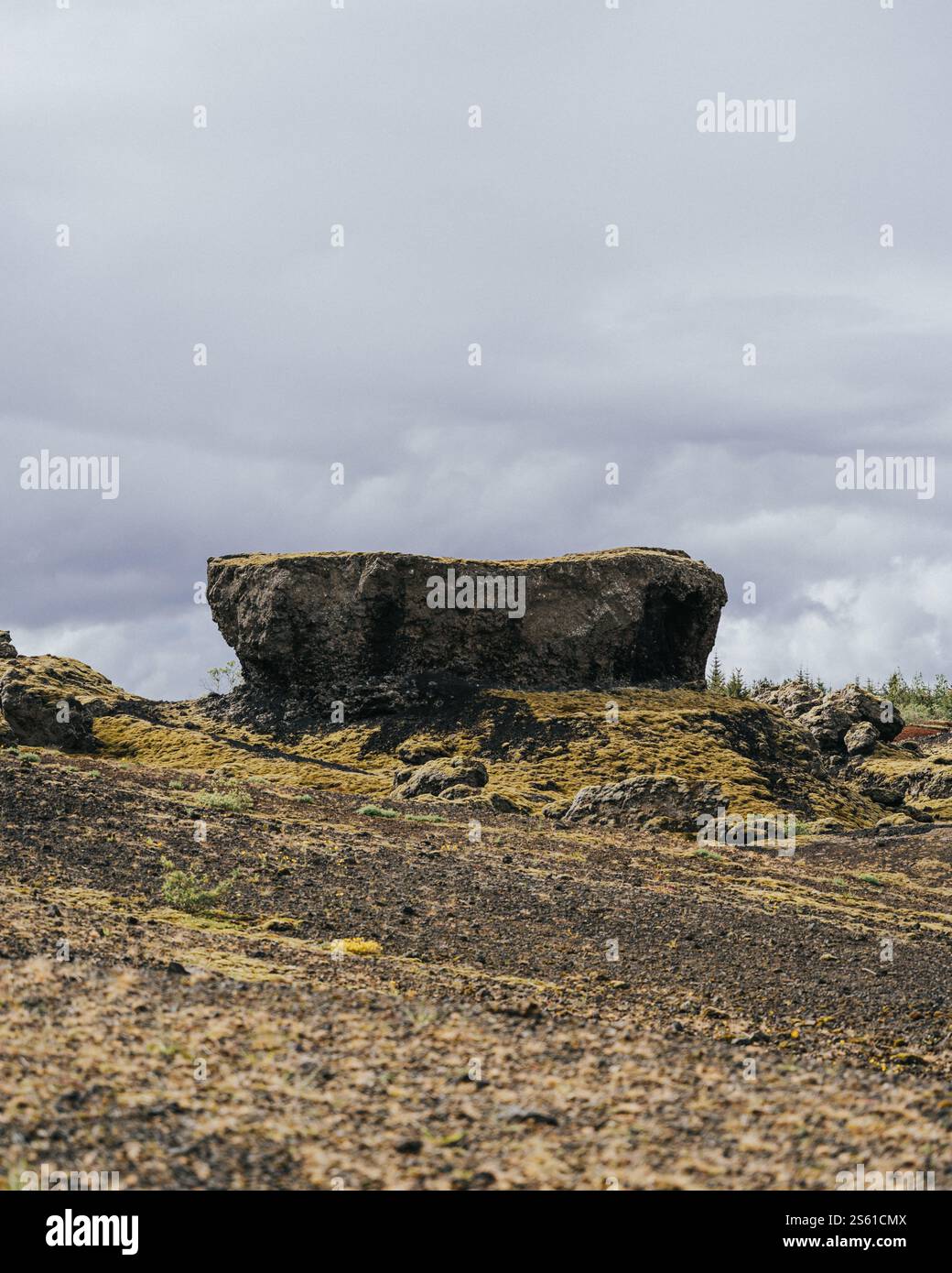 Volcanic rock formation and moss-covered terrain in Heiðmörk nature ...