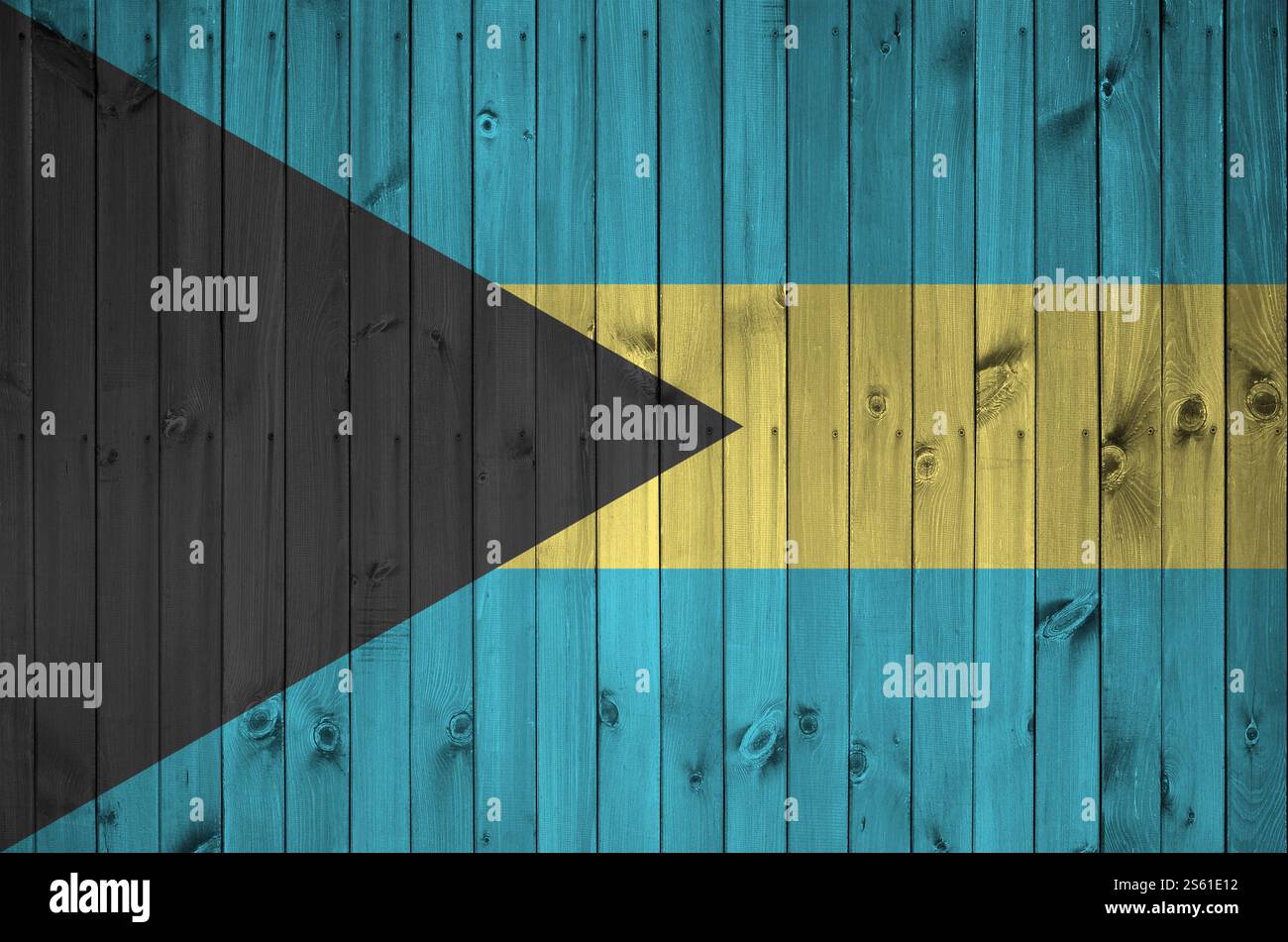 Bahamas flag depicted in bright paint colors on old wooden wall close ...