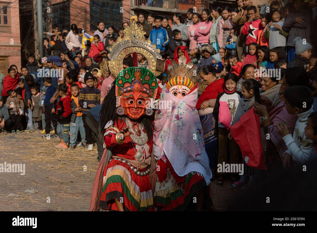 Bhaktapur, Nepal. 15th Jan, 2025. Traditional masked dancers perform ...