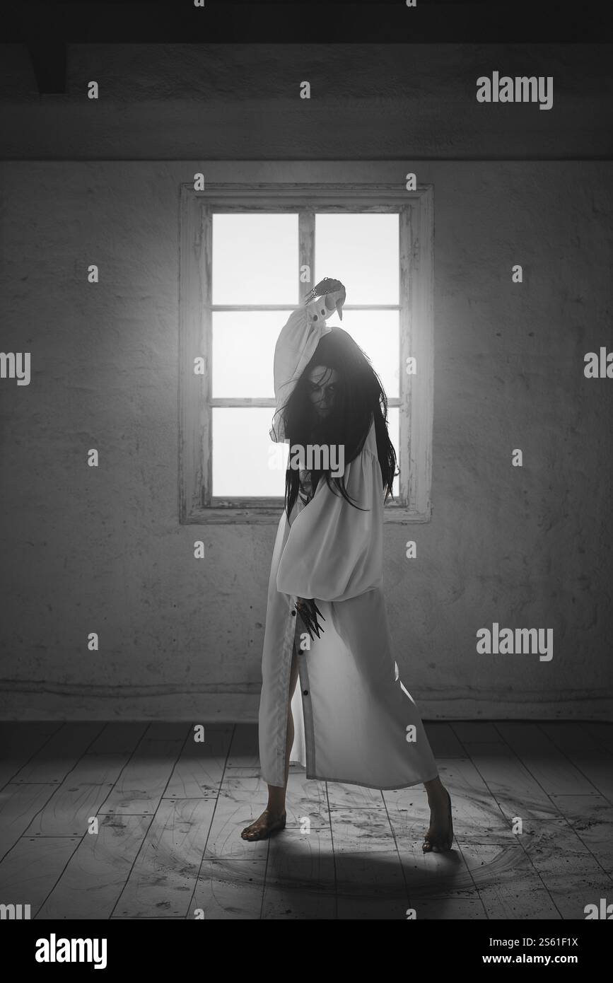 Woman with flowing dark hair, and claws dressed in white gown, standing ...