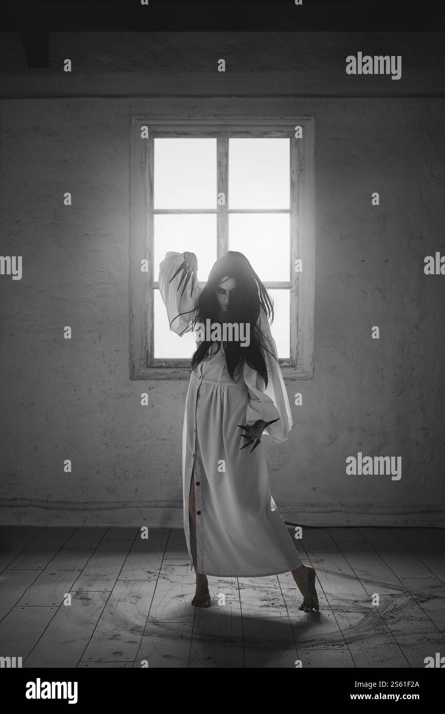 Powerful, mysterious woman, witch in white dress, with long black hair ...