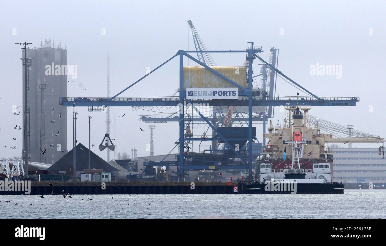 Rostock, Germany. 15th Jan, 2025. Ships are handled at the bulk cargo ...