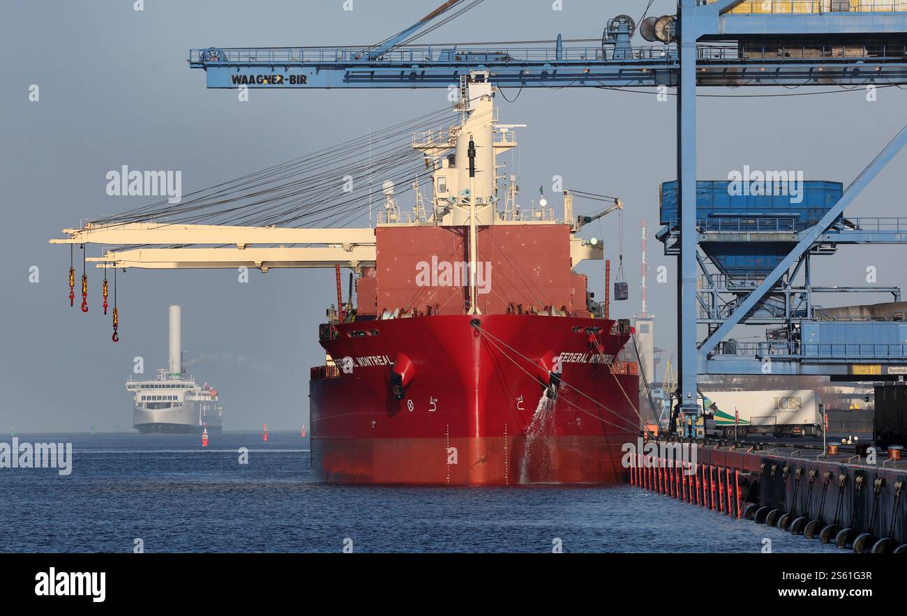 Rostock, Germany. 15th Jan, 2025. A freighter is handled at the bulk ...