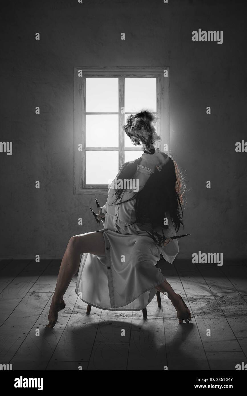 Terrifying woman in white gown, long claws, sit on a chair open mouth ...