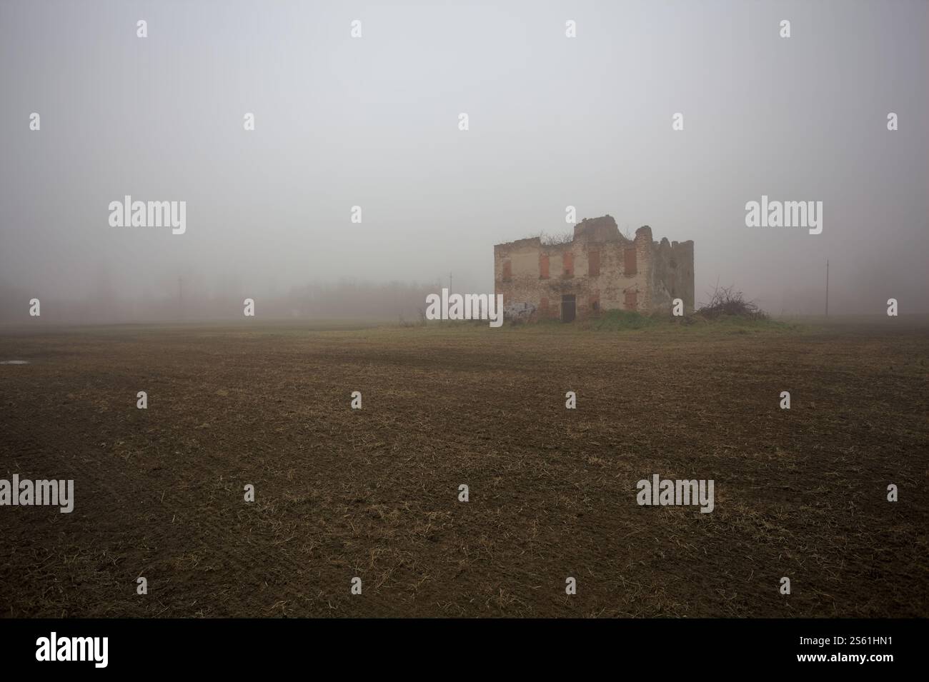 Run down country house in the middle of a field on a foggy day in the ...